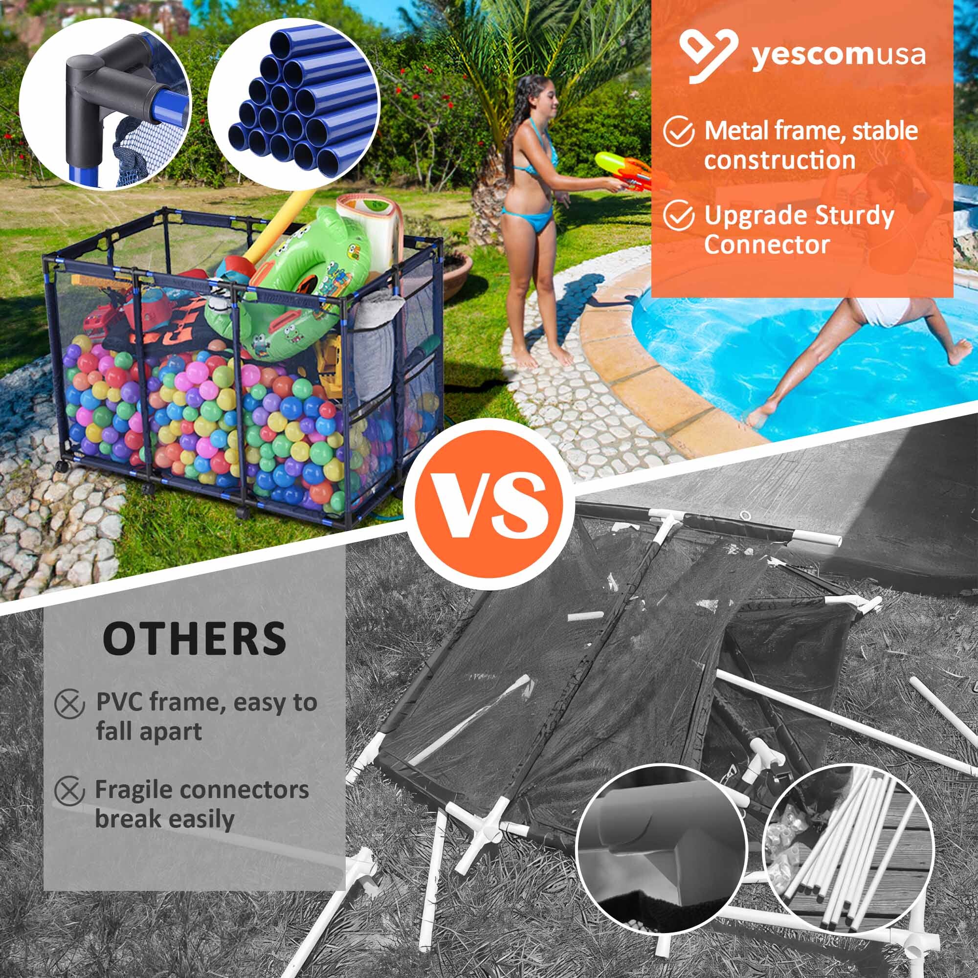 48"x30"x34" Mesh Pool Storage Bin Rolling Cart Swim Toys Organizer ...